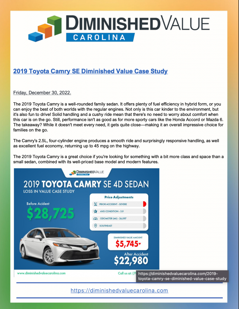 2019 Toyota Camry SE Diminished Value Case Study | DVC